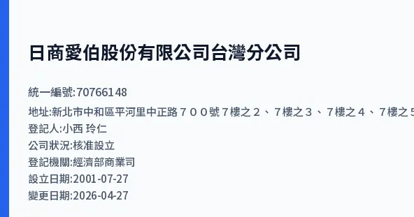 日商愛伯股份有限公司台灣分公司的照片-統編 70766148(新北市) 公司登記資料與營業項目詳細圖表