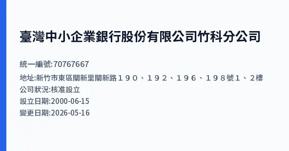 臺灣中小企業銀行股份有限公司竹科分公司的照片-統編 70767667(新竹市) 公司登記資料與營業項目詳細圖表