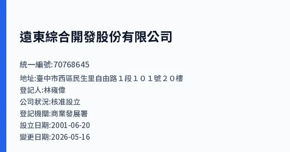 遠東綜合開發股份有限公司的照片-統編 70768645(臺中市) 公司登記資料與營業項目詳細圖表
