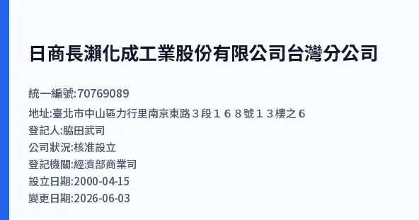 日商長瀨化成工業股份有限公司台灣分公司的照片-統編 70769089(臺北市) 公司登記資料與營業項目詳細圖表