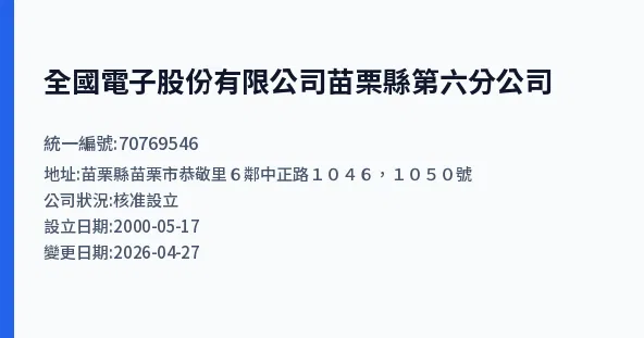 全國電子股份有限公司苗栗縣第六分公司的照片-統編 70769546(苗栗縣) 公司登記資料與營業項目詳細圖表
