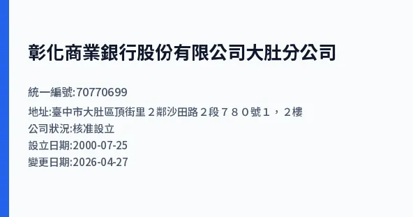 彰化商業銀行股份有限公司大肚分公司的照片-統編 70770699(臺中市) 公司登記資料與營業項目詳細圖表