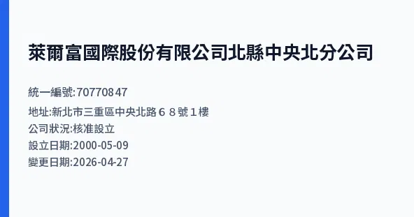 萊爾富國際股份有限公司北縣中央北分公司的照片-統編 70770847(新北市) 公司登記資料與營業項目詳細圖表