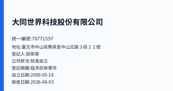 大同世界科技股份有限公司的照片-統編 70771557(臺北市) 公司登記資料與營業項目詳細圖表