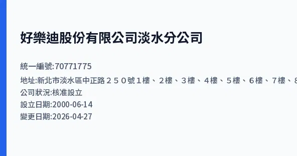 好樂迪股份有限公司淡水分公司的照片-統編 70771775(新北市) 公司登記資料與營業項目詳細圖表