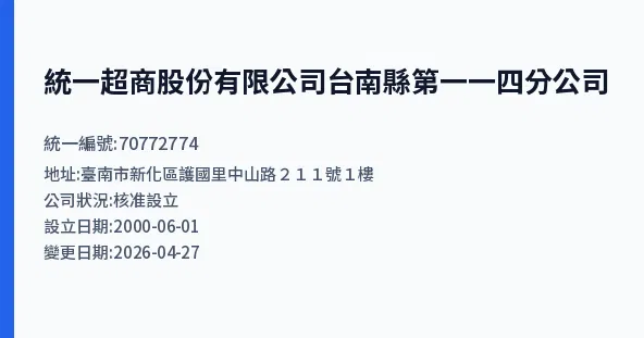統一超商股份有限公司台南縣第一一四分公司的照片-統編 70772774(臺南市) 公司登記資料與營業項目詳細圖表