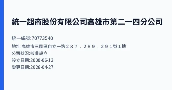 統一超商股份有限公司高雄市第二一四分公司的照片-統編 70773540(高雄市) 公司登記資料與營業項目詳細圖表