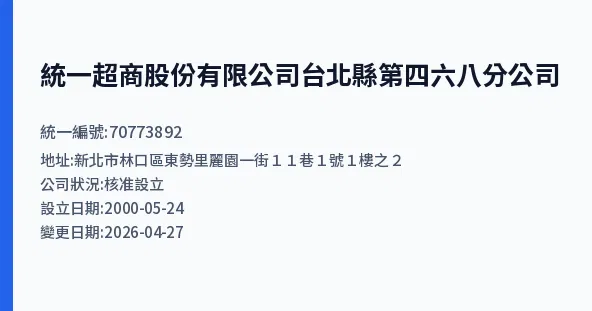 統一超商股份有限公司台北縣第四六八分公司的照片-統編 70773892(新北市) 公司登記資料與營業項目詳細圖表