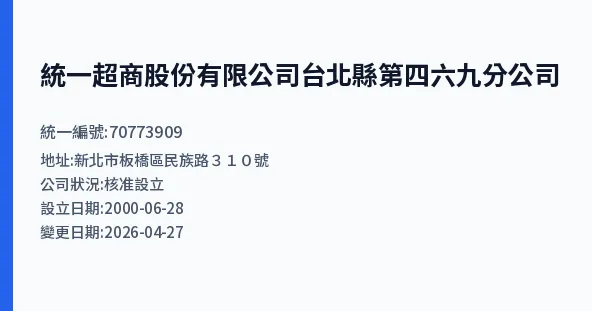 統一超商股份有限公司台北縣第四六九分公司的照片-統編 70773909(新北市) 公司登記資料與營業項目詳細圖表