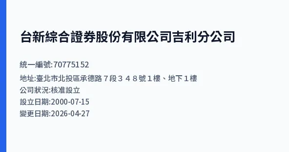 台新綜合證券股份有限公司吉利分公司的照片-統編 70775152(臺北市) 公司登記資料與營業項目詳細圖表