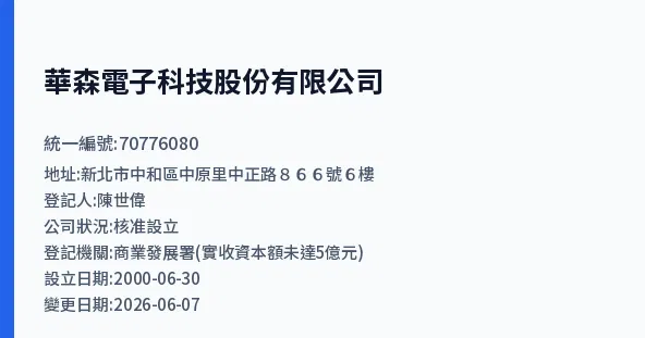 華森電子科技股份有限公司的照片-統編 70776080(新北市) 公司登記資料與營業項目詳細圖表