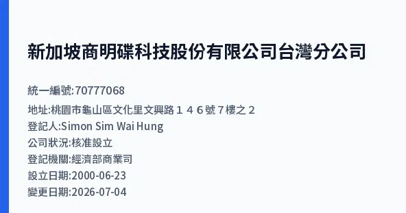 新加坡商明碟科技股份有限公司台灣分公司的照片-統編 70777068(桃園市) 公司登記資料與營業項目詳細圖表