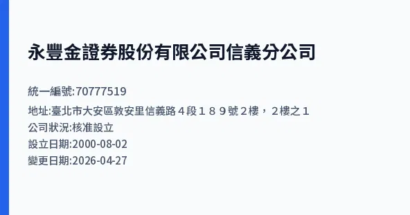 永豐金證券股份有限公司信義分公司的照片-統編 70777519(臺北市) 公司登記資料與營業項目詳細圖表