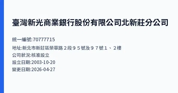 臺灣新光商業銀行股份有限公司北新莊分公司的照片-統編 70777715(新北市) 公司登記資料與營業項目詳細圖表