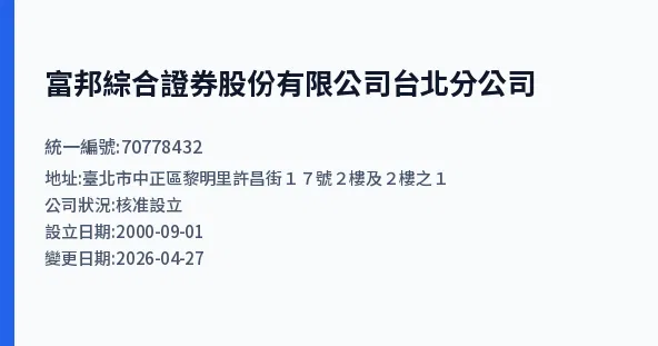 富邦綜合證券股份有限公司台北分公司的照片-統編 70778432(臺北市) 公司登記資料與營業項目詳細圖表