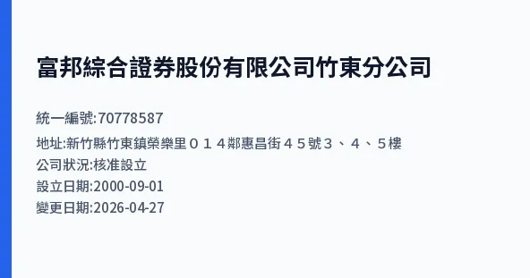 富邦綜合證券股份有限公司竹東分公司的照片-統編 70778587(新竹縣) 公司登記資料與營業項目詳細圖表