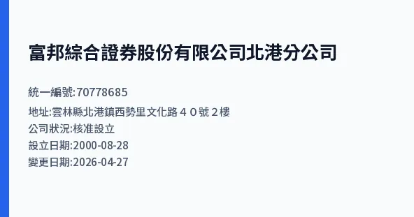 富邦綜合證券股份有限公司北港分公司的照片-統編 70778685(雲林縣) 公司登記資料與營業項目詳細圖表