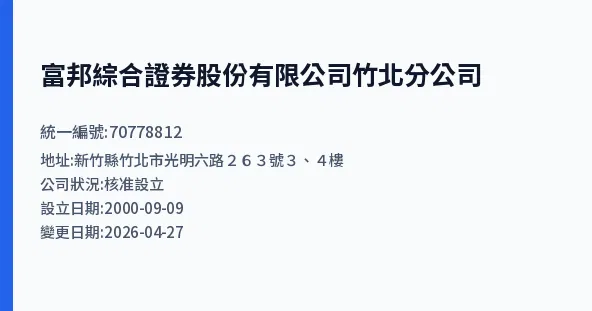 富邦綜合證券股份有限公司竹北分公司的照片-統編 70778812(新竹縣) 公司登記資料與營業項目詳細圖表