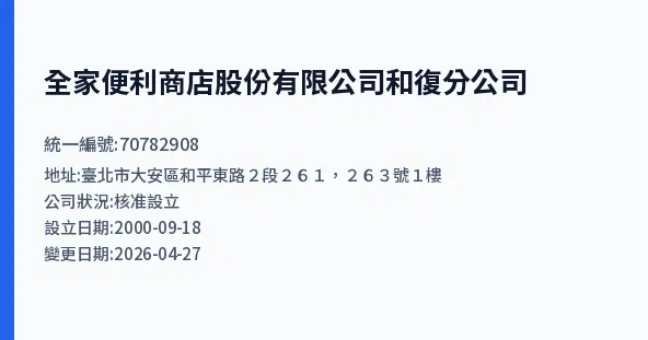 全家便利商店股份有限公司和復分公司的照片-統編 70782908(臺北市) 公司登記資料與營業項目詳細圖表