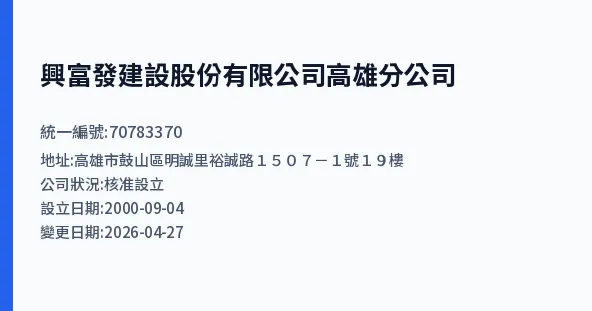 興富發建設股份有限公司高雄分公司的照片-統編 70783370(高雄市) 公司登記資料與營業項目詳細圖表