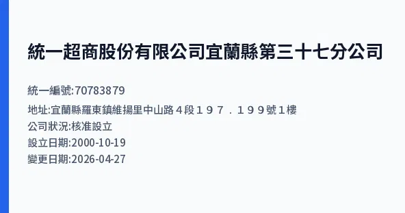 統一超商股份有限公司宜蘭縣第三十七分公司的照片-統編 70783879(宜蘭縣) 公司登記資料與營業項目詳細圖表