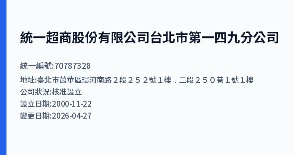 統一超商股份有限公司台北市第一四九分公司的照片-統編 70787328(臺北市) 公司登記資料與營業項目詳細圖表
