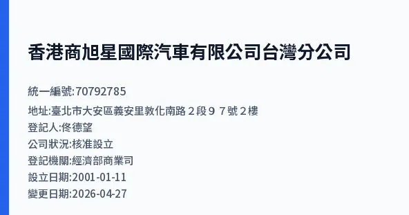 香港商旭星國際汽車有限公司台灣分公司的照片-統編 70792785(臺北市) 公司登記資料與營業項目詳細圖表