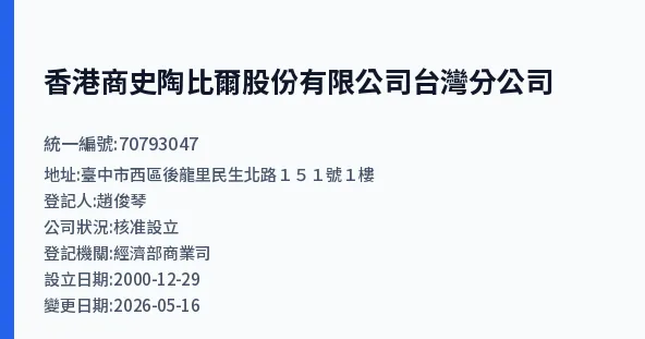 香港商史陶比爾股份有限公司台灣分公司的照片-統編 70793047(臺中市) 公司登記資料與營業項目詳細圖表
