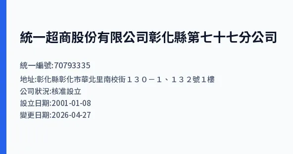 統一超商股份有限公司彰化縣第七十七分公司的照片-統編 70793335(彰化縣) 公司登記資料與營業項目詳細圖表