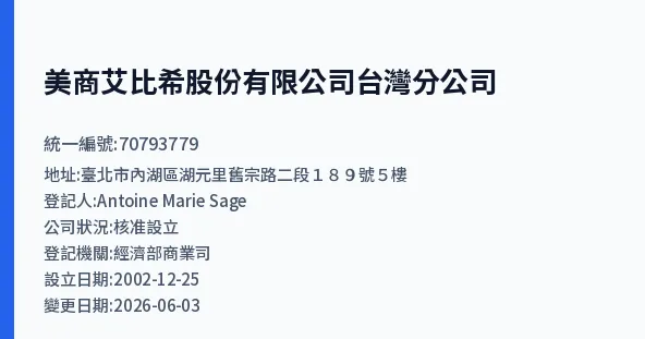 美商艾比希股份有限公司台灣分公司的照片-統編 70793779(臺北市) 公司登記資料與營業項目詳細圖表