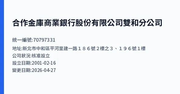 合作金庫商業銀行股份有限公司雙和分公司的照片-統編 70797331(新北市) 公司登記資料與營業項目詳細圖表