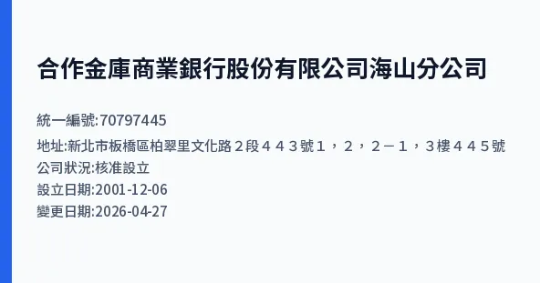 合作金庫商業銀行股份有限公司海山分公司的照片-統編 70797445(新北市) 公司登記資料與營業項目詳細圖表