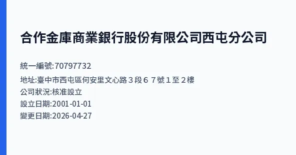 合作金庫商業銀行股份有限公司西屯分公司的照片-統編 70797732(臺中市) 公司登記資料與營業項目詳細圖表
