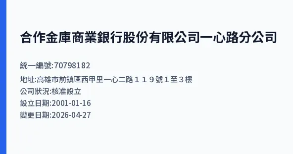 合作金庫商業銀行股份有限公司一心路分公司的照片-統編 70798182(高雄市) 公司登記資料與營業項目詳細圖表