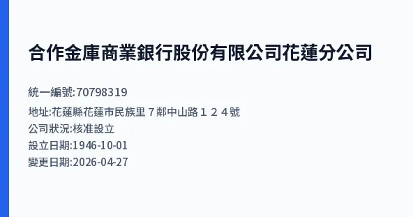 合作金庫商業銀行股份有限公司花蓮分公司的照片-統編 70798319(花蓮縣) 公司登記資料與營業項目詳細圖表