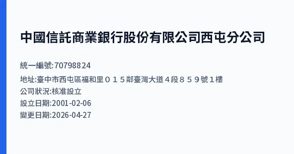 中國信託商業銀行股份有限公司西屯分公司的照片-統編 70798824(臺中市) 公司登記資料與營業項目詳細圖表