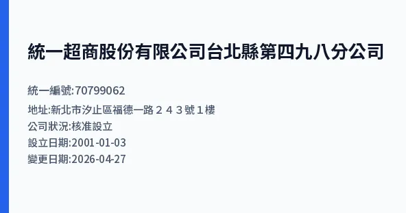 統一超商股份有限公司台北縣第四九八分公司的照片-統編 70799062(新北市) 公司登記資料與營業項目詳細圖表