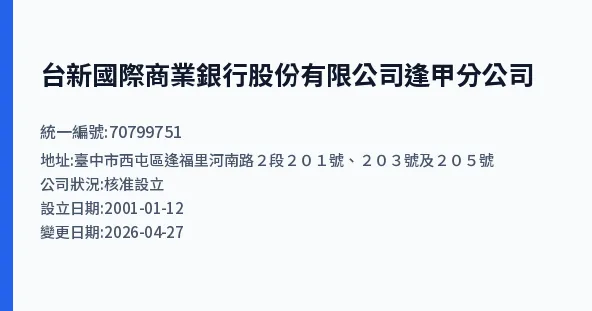 台新國際商業銀行股份有限公司逢甲分公司的照片-統編 70799751(臺中市) 公司登記資料與營業項目詳細圖表