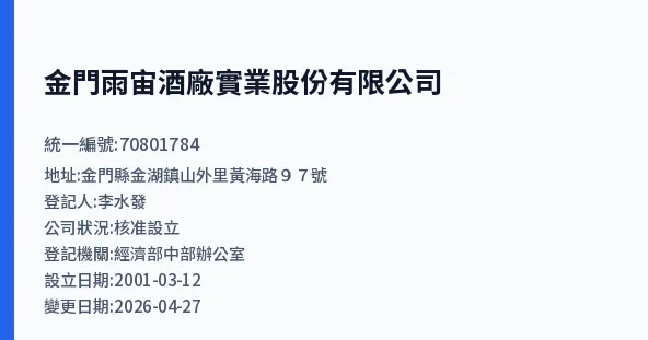 金門雨宙酒廠實業股份有限公司的照片-統編 70801784(金門縣) 公司登記資料與營業項目詳細圖表