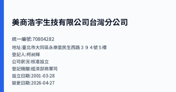 美商浩宇生技有限公司台灣分公司的照片-統編 70804282(臺北市) 公司登記資料與營業項目詳細圖表
