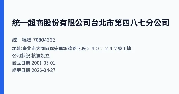 統一超商股份有限公司台北市第四八七分公司的照片-統編 70804662(臺北市) 公司登記資料與營業項目詳細圖表