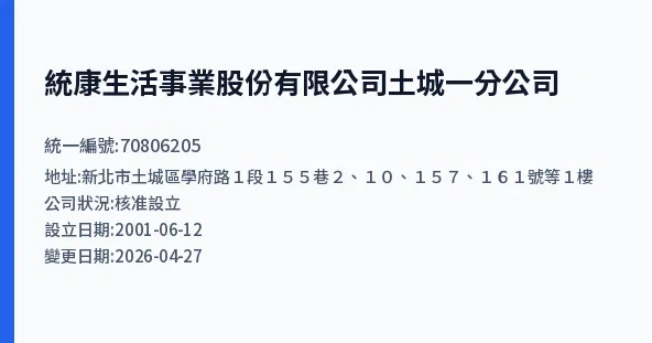 統康生活事業股份有限公司土城一分公司的照片-統編 70806205(新北市) 公司登記資料與營業項目詳細圖表