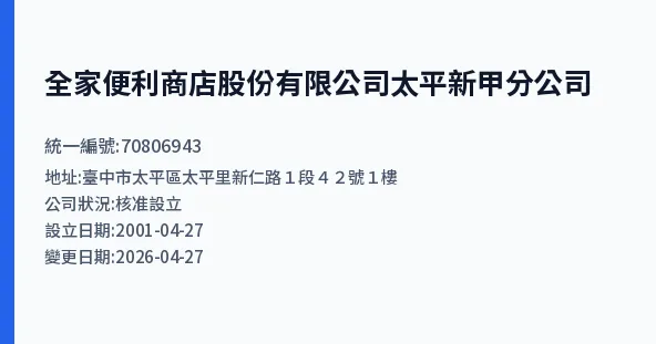 全家便利商店股份有限公司太平新甲分公司的照片-統編 70806943(臺中市) 公司登記資料與營業項目詳細圖表