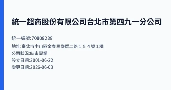 統一超商股份有限公司台北市第四九一分公司的照片-統編 70808288(臺北市) 公司登記資料與營業項目詳細圖表