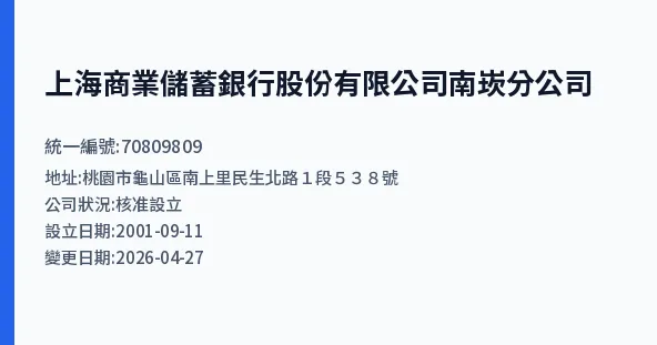 上海商業儲蓄銀行股份有限公司南崁分公司的照片-統編 70809809(桃園市) 公司登記資料與營業項目詳細圖表