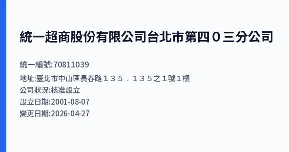 統一超商股份有限公司台北市第四0三分公司的照片-統編 70811039(臺北市) 公司登記資料與營業項目詳細圖表
