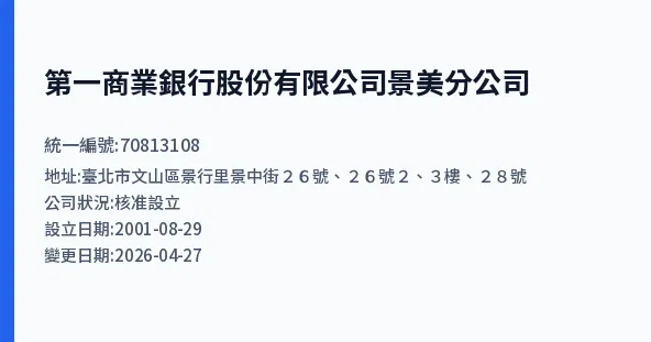 第一商業銀行股份有限公司景美分公司的照片-統編 70813108(臺北市) 公司登記資料與營業項目詳細圖表
