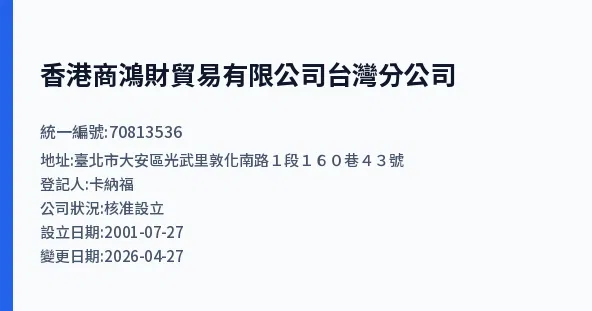 香港商鴻財貿易有限公司台灣分公司的照片-統編 70813536(臺北市) 公司登記資料與營業項目詳細圖表