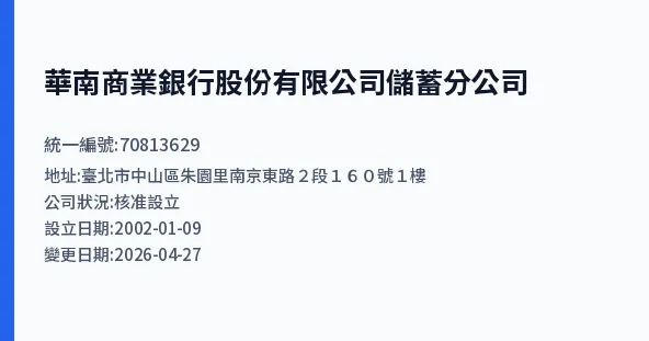 華南商業銀行股份有限公司儲蓄分公司的照片-統編 70813629(臺北市) 公司登記資料與營業項目詳細圖表