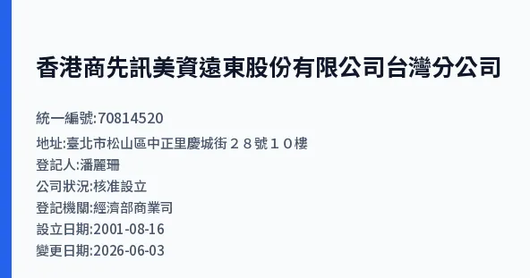 香港商先訊美資遠東股份有限公司台灣分公司的照片-統編 70814520(臺北市) 公司登記資料與營業項目詳細圖表